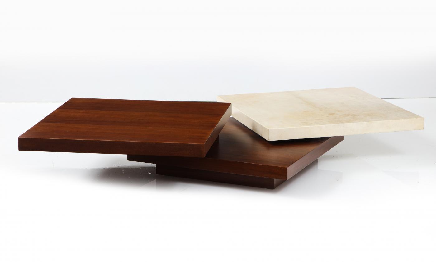Modern Swivel Top Coffee Table. Walnut and Parchment