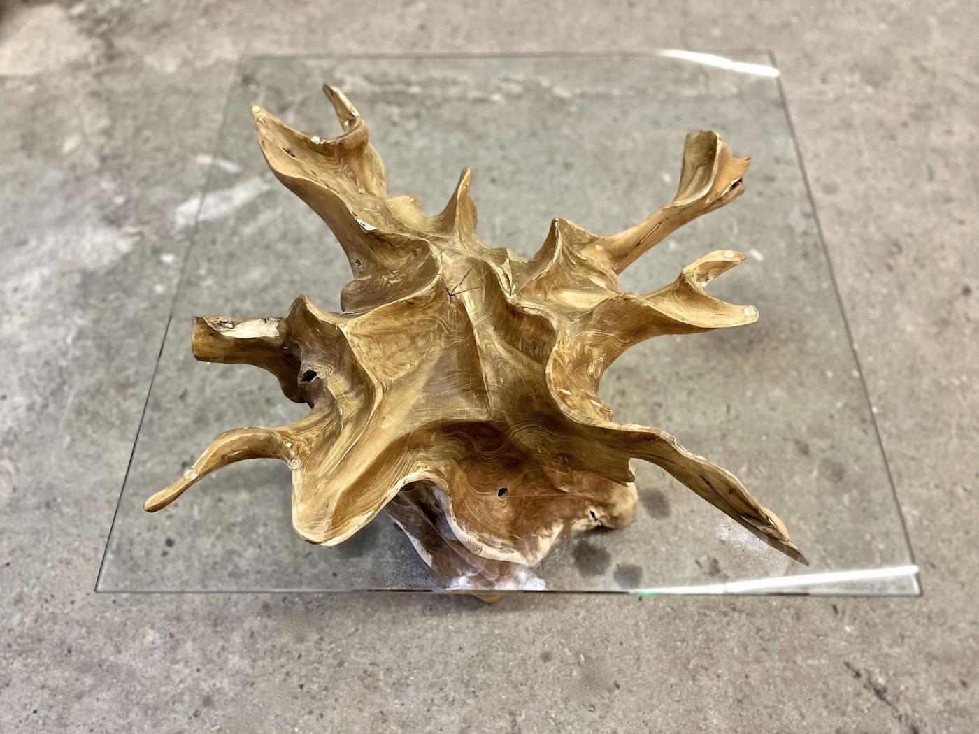 Modern Teak Root Side Table With Safety Glass Top, IDN 2024