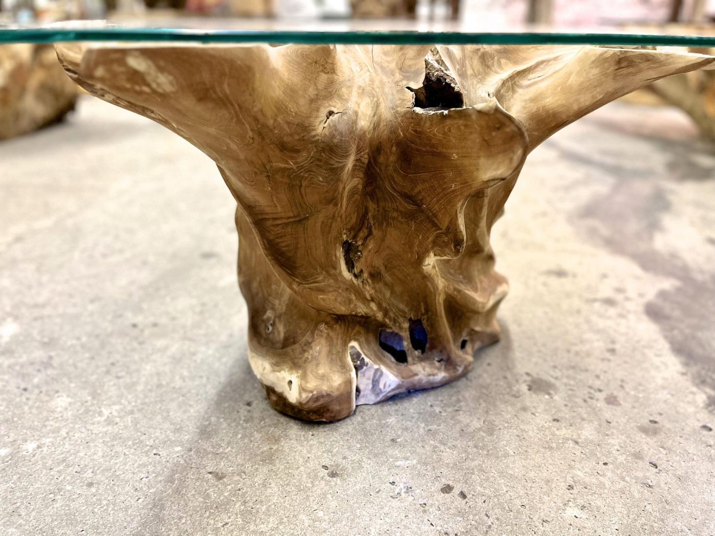 Modern Teak Root Side Table With Safety Glass Top, IDN 2024