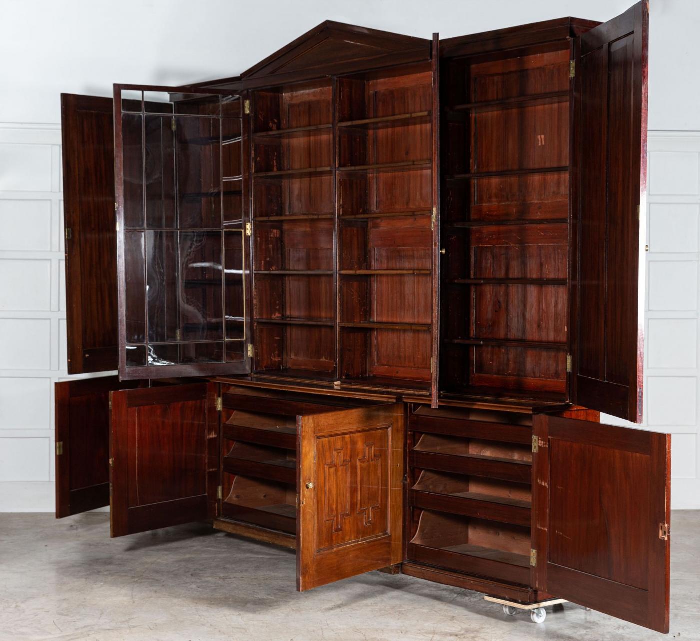 Monumental 19thC English Glazed Mahogany Library Bookcase