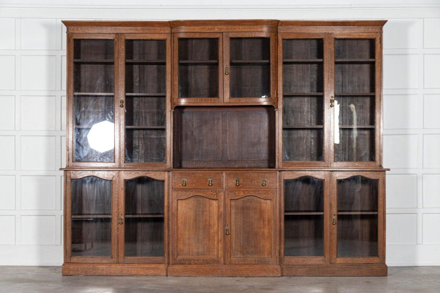 Monumental English Oak Glazed Breakfront Display Cabinet / Bookcase
