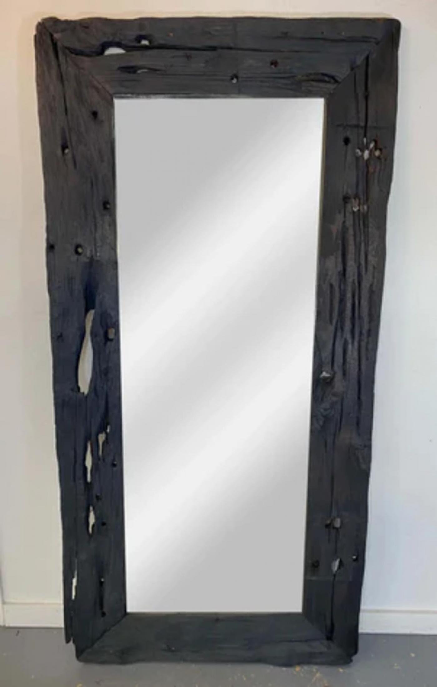 Monumental Modern Rustic Style Hand carved Wooden Black Frame Floor Mirror
