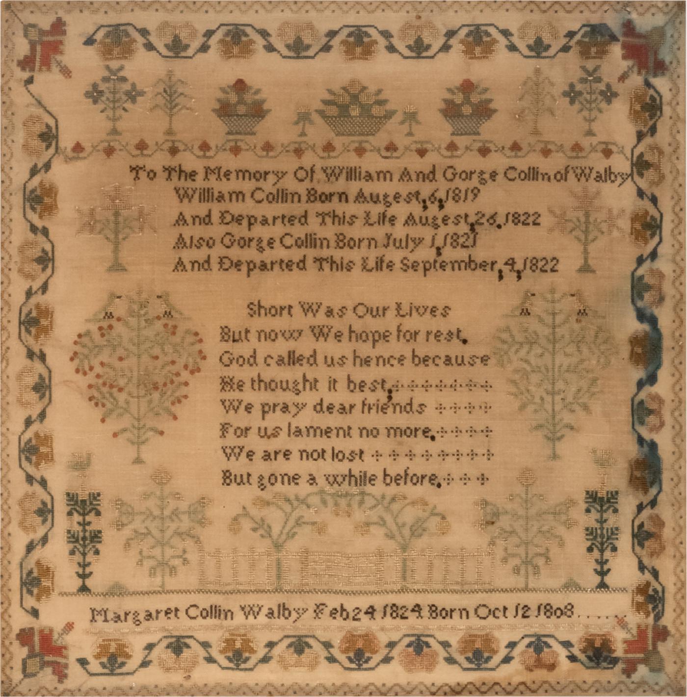 Mourning Sampler Dated 1824 in Black Frame, English, Circa 1824.