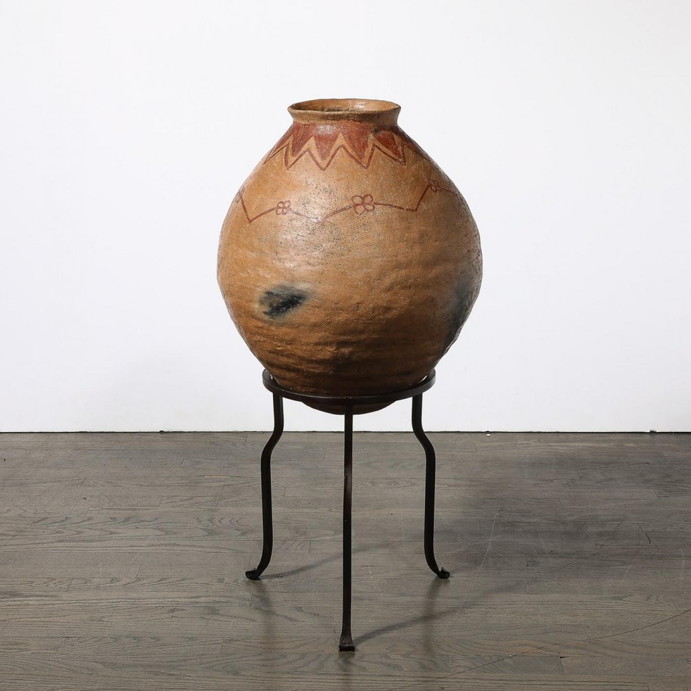 Native American Tribal Terracotta Red Iron Oxide Vessel on Wrought Iron ...