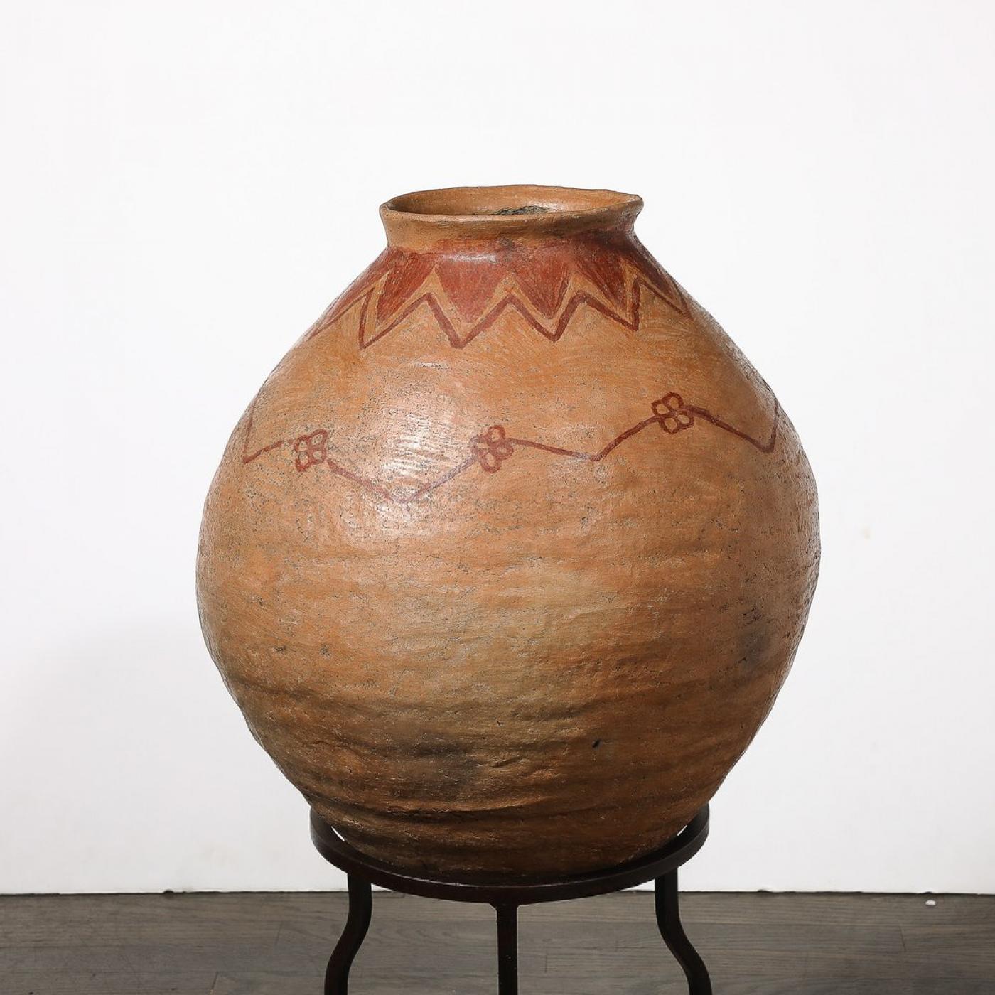 Native American Tribal Terracotta Red Iron Oxide Vessel on Wrought Iron ...