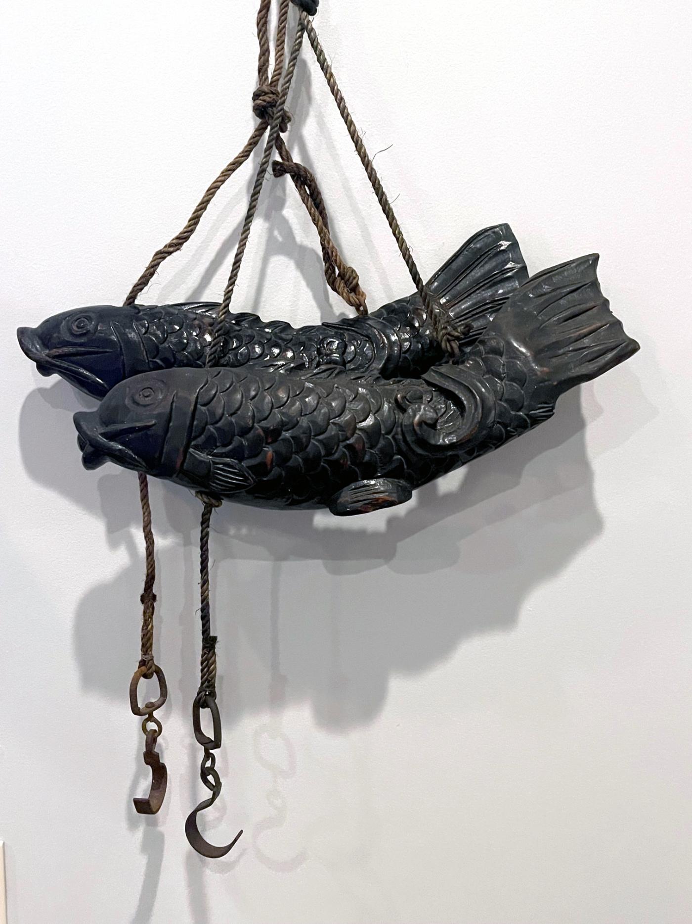 Near Pair of Japanese Jizai Kagi Wood Koi Folk Art Sculptures