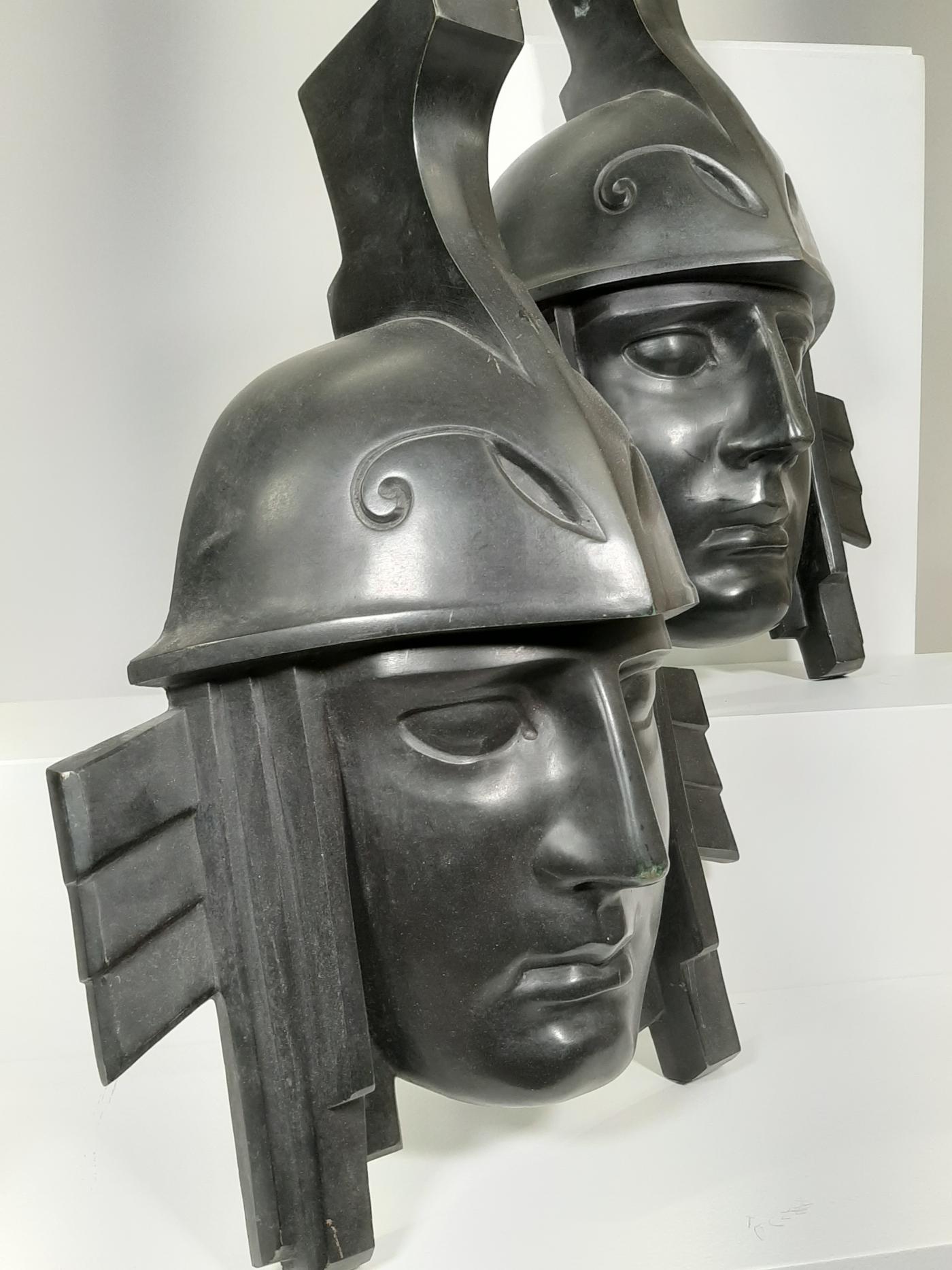 Neck brace head sculpture in art deco bronze