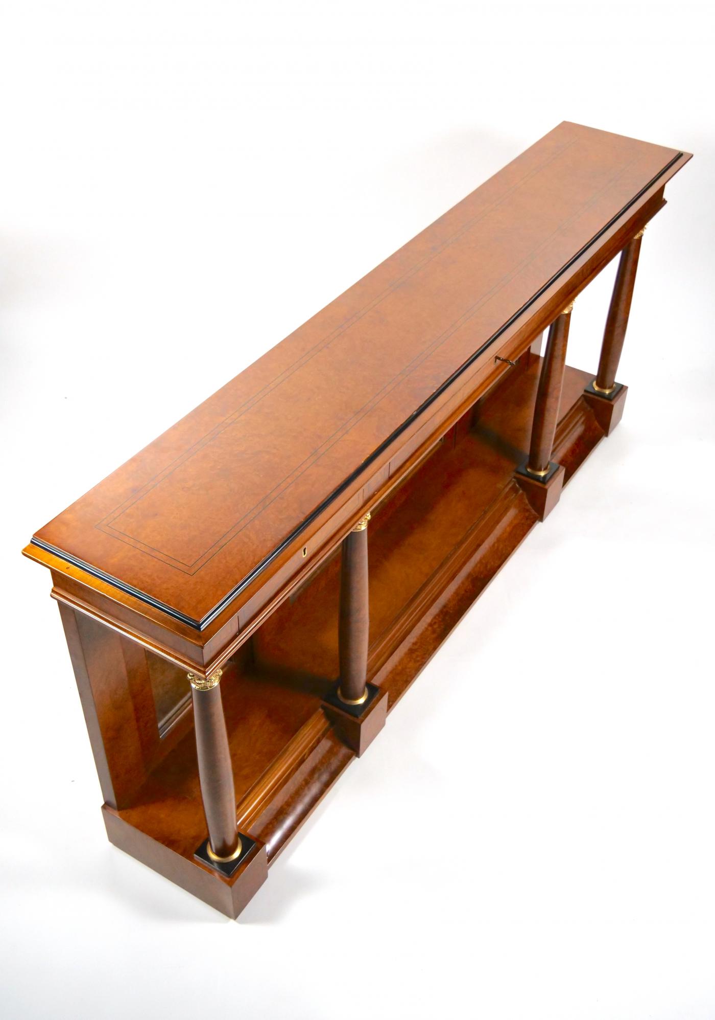 Neo Classical Style Burl Walnut Mirrored Back Console Table / Credenzas