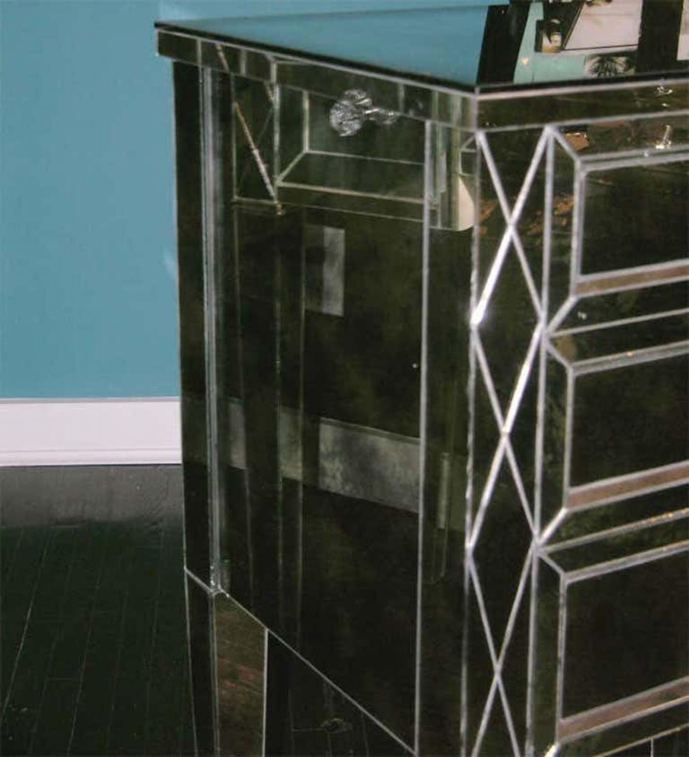 Neoclassical Modern 3-Drawer Diamond Front Beveled Smoked Mirror Nightstand
