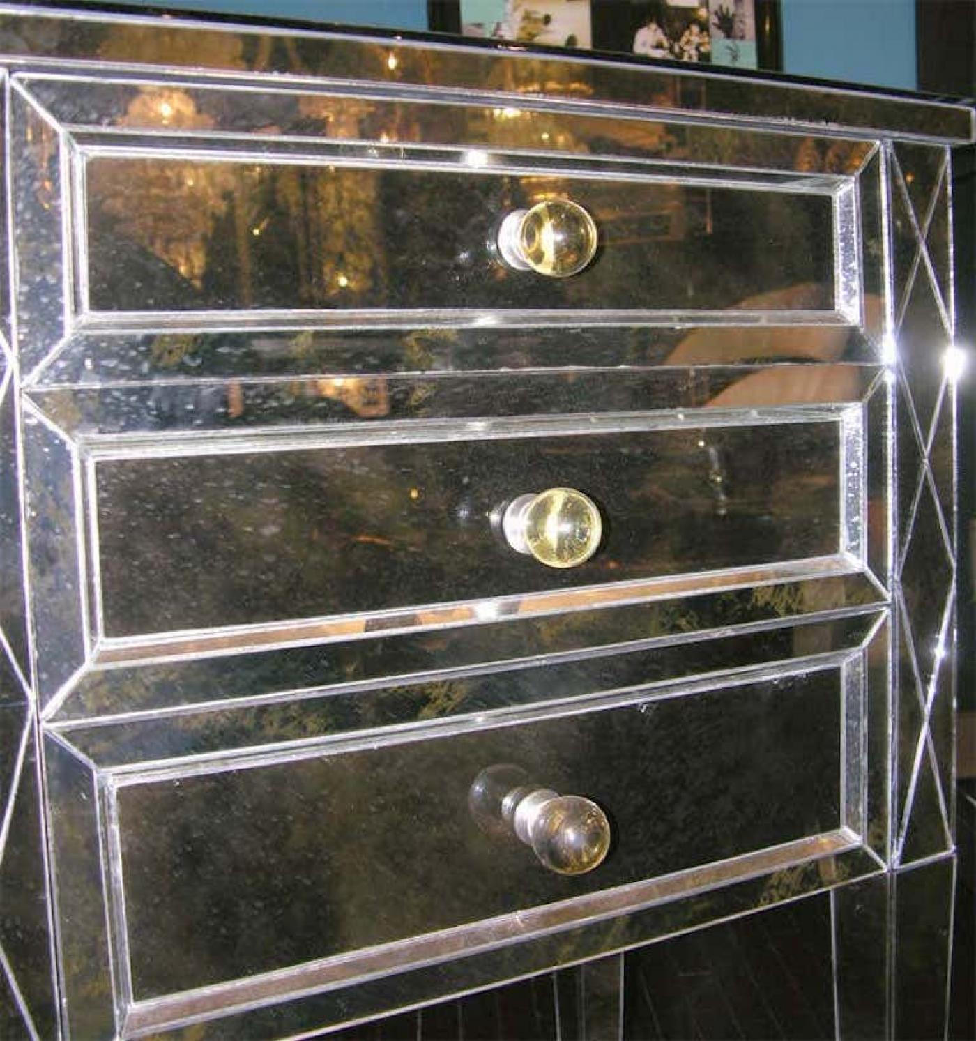 Neoclassical Modern 3-Drawer Diamond Front Beveled Smoked Mirror Nightstand