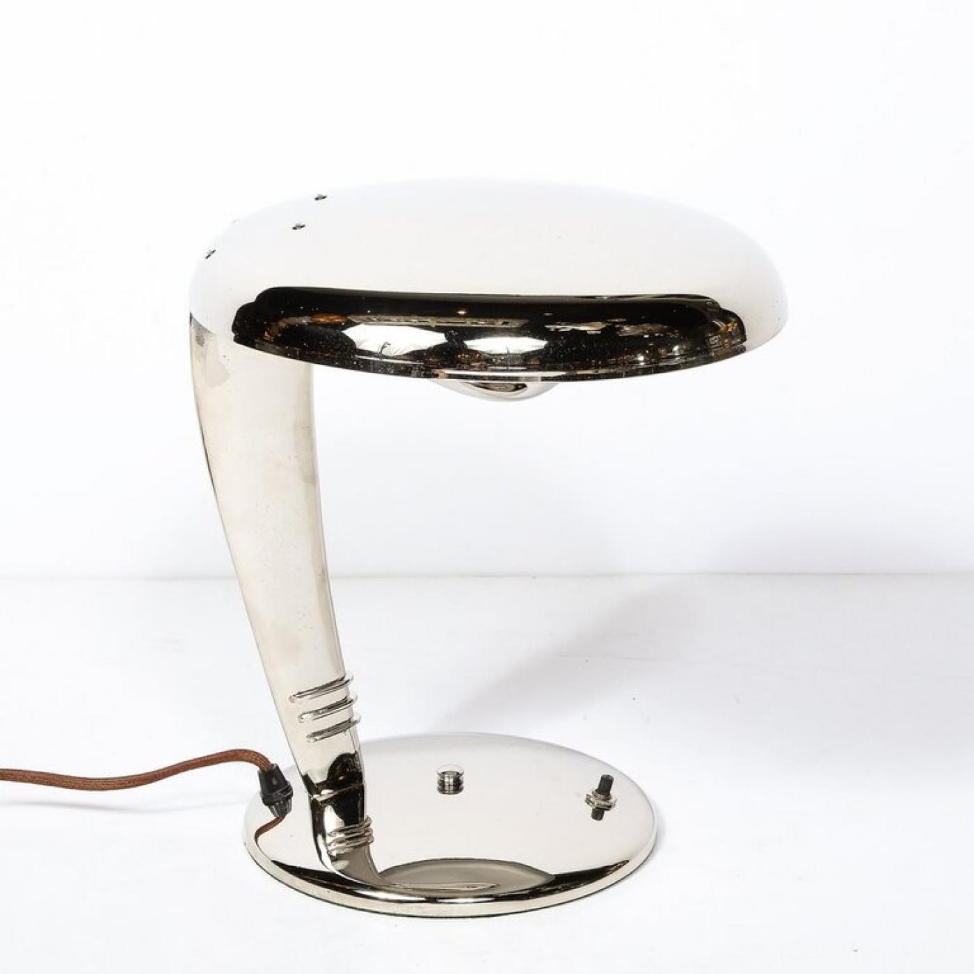 Norman Bel Geddes - Art Deco Streamlined Nickel "Cobra" Table Lamp by ...