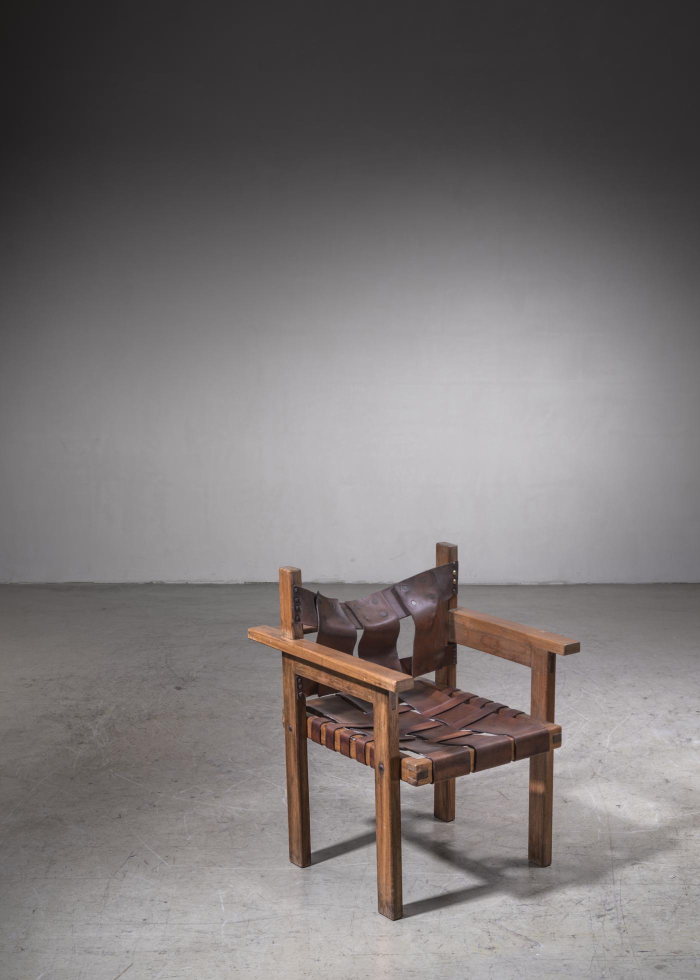 Nutwood and leather modernist chair, France, 1940s