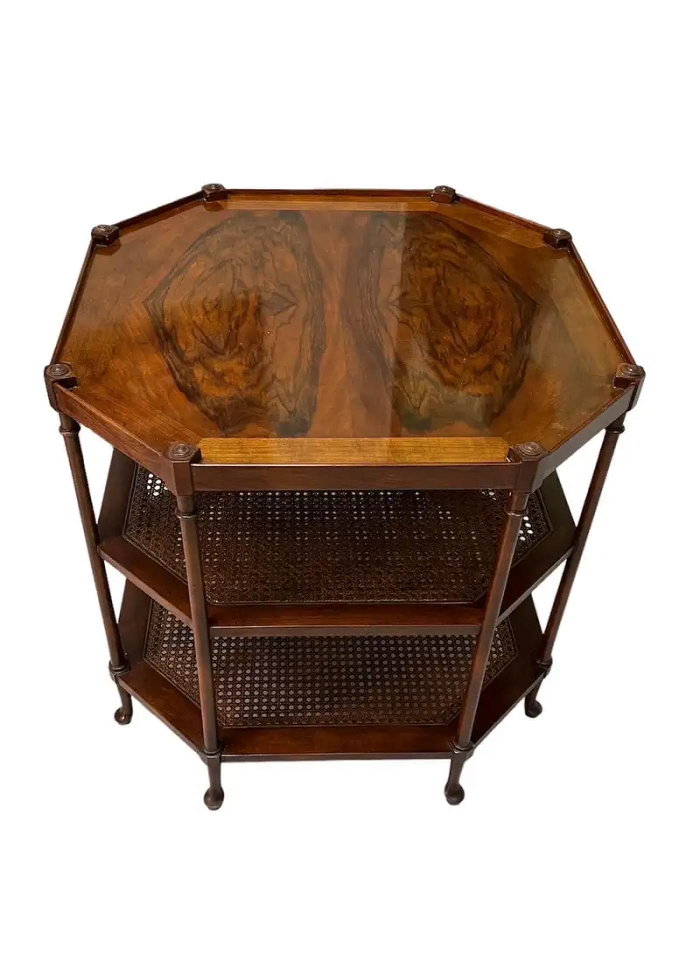 Octagonal Three Tiered Walnut & Caned Side Table