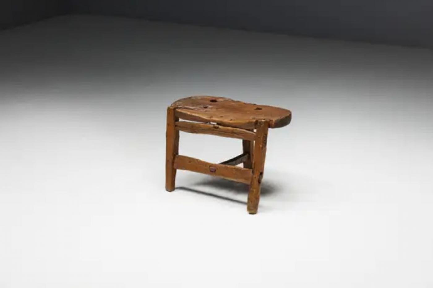 Organic Tripod Bench in Solid Wood, France, 19th Century