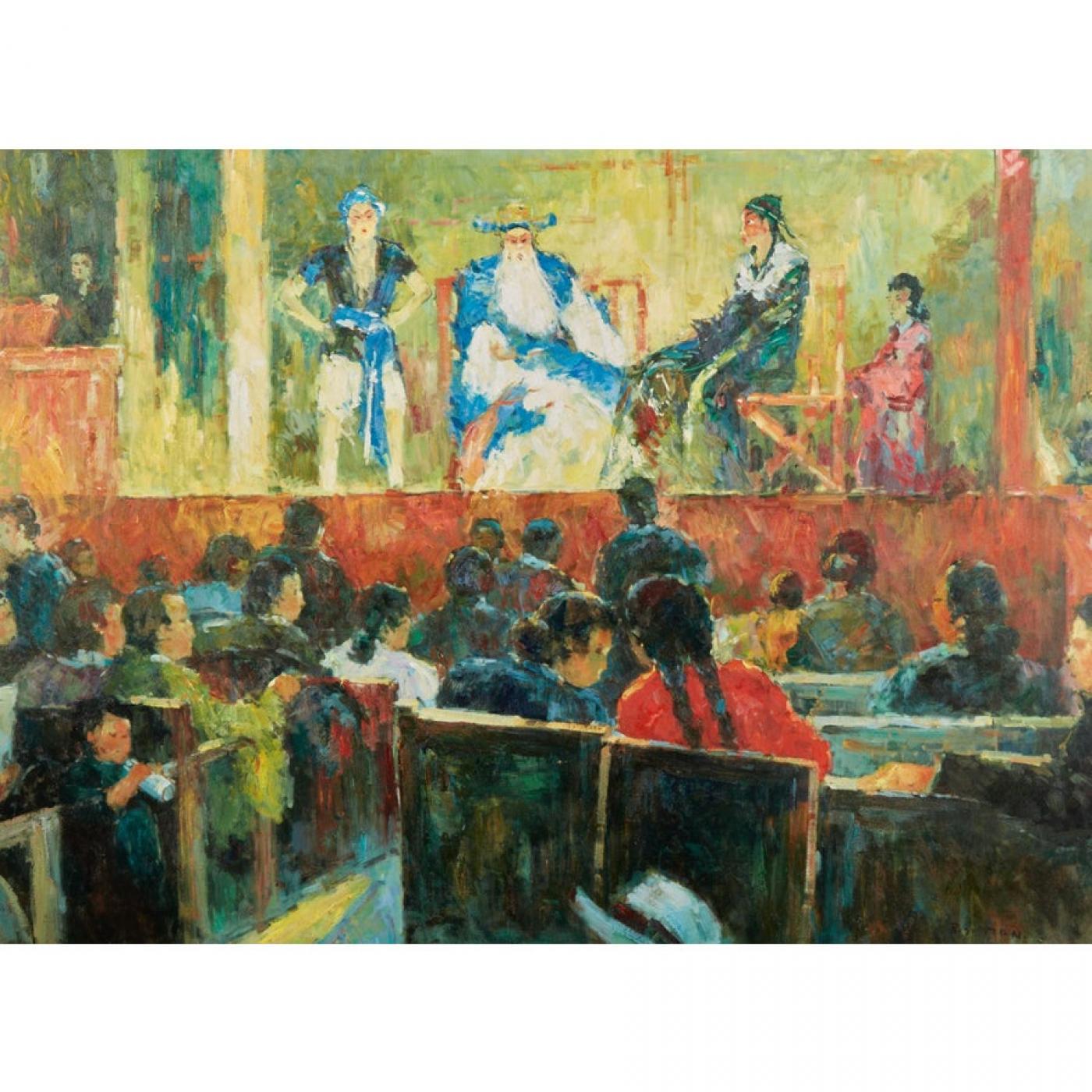 Original Oil Painting of a Chinese Theater Interior Scene
