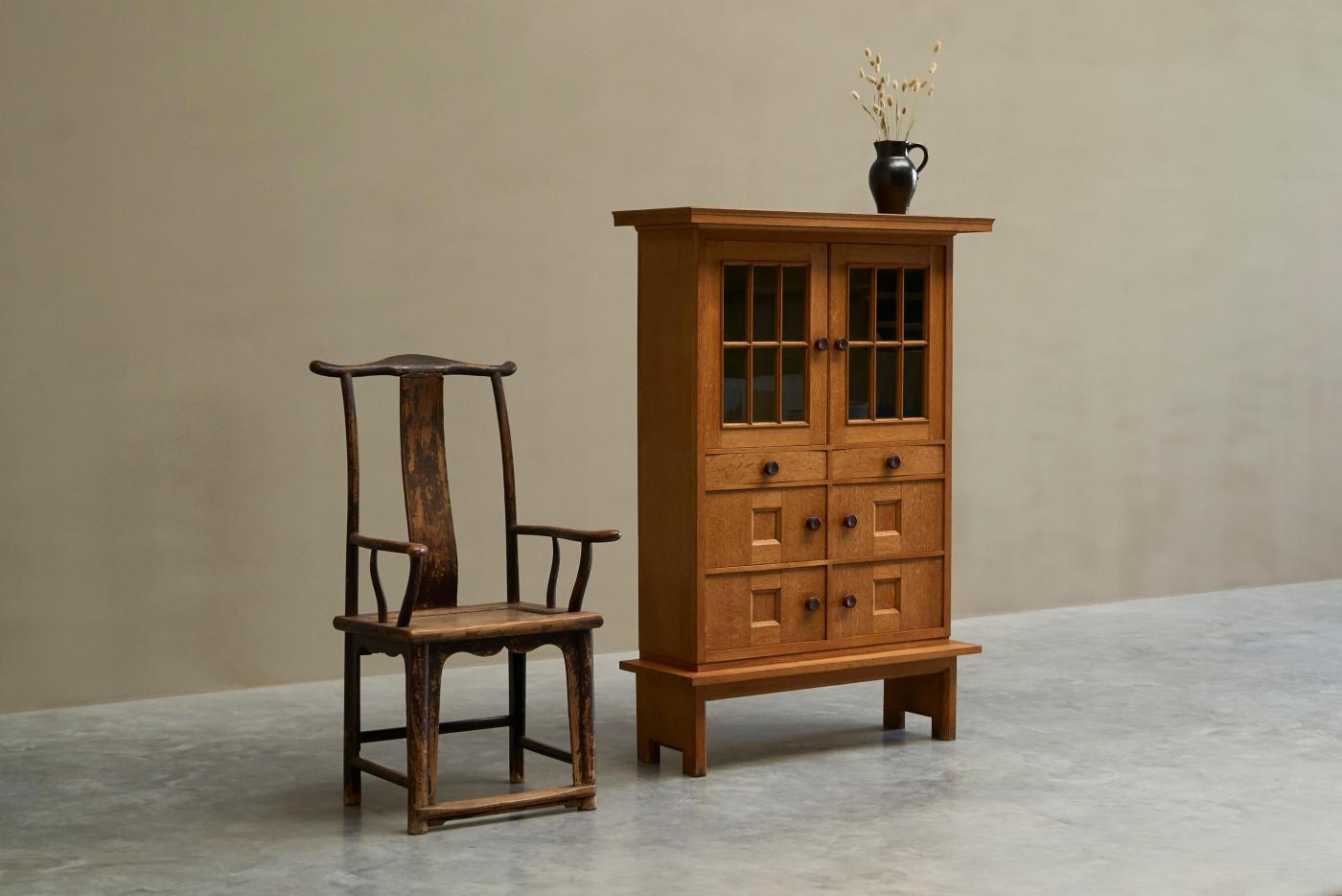 Oscar Degeyter Glazed Cabinet in Solid Oak and Pine Belgium 1942