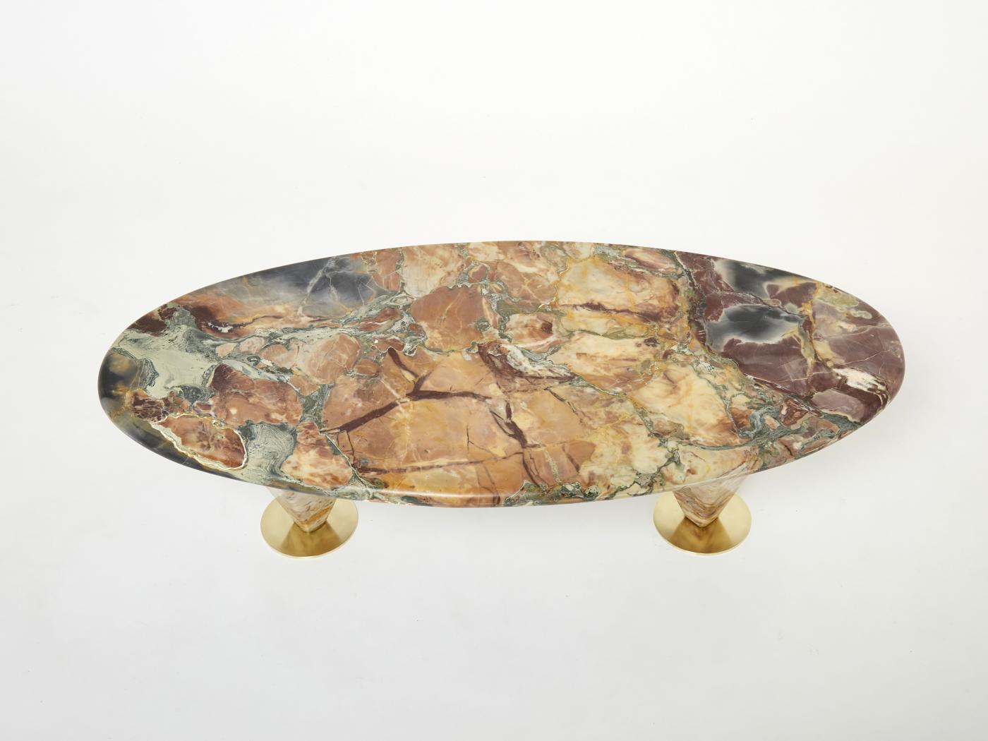 Oval free form eye Breccia Benou marble brass coffee table 1980s