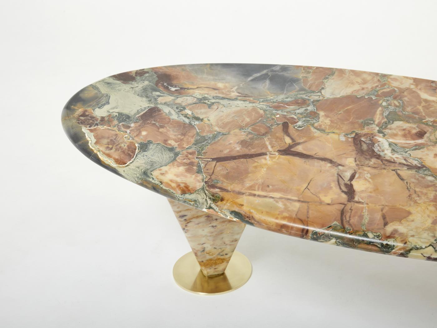 Oval free form eye Breccia Benou marble brass coffee table 1980s