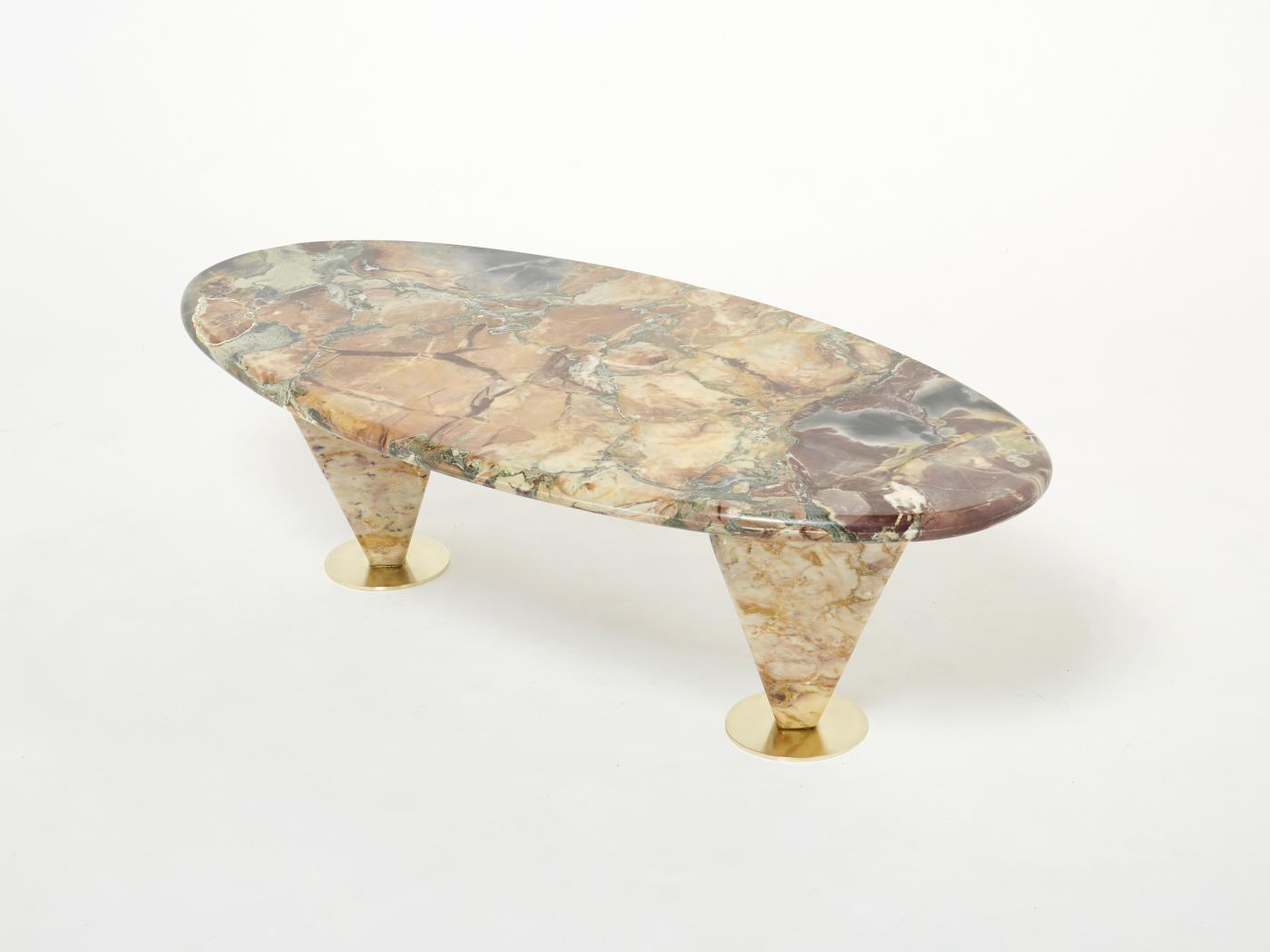Oval free form eye Breccia Benou marble brass coffee table 1980s