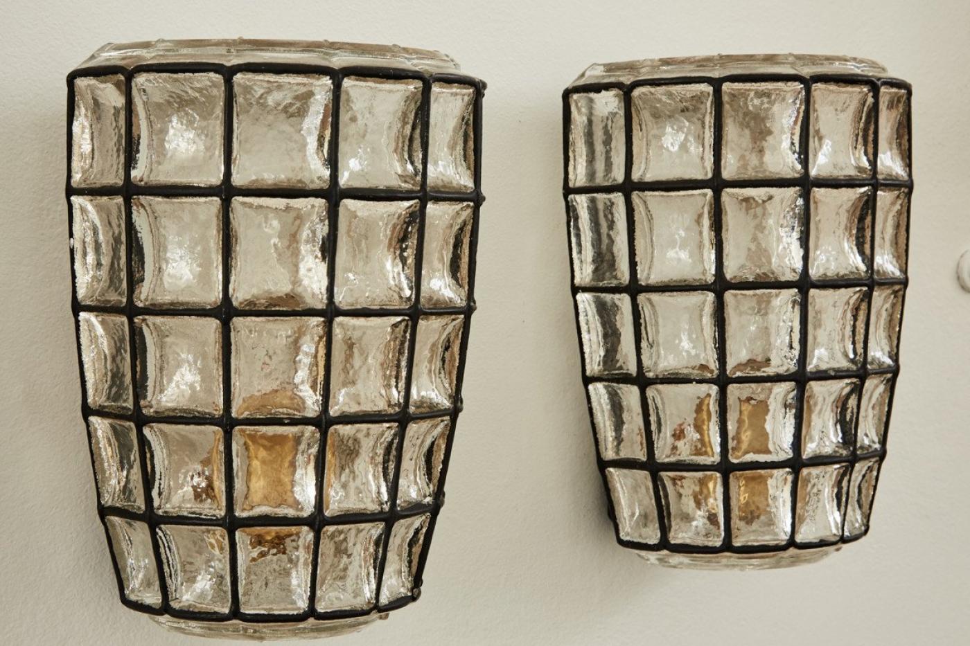 PAIR OF LARGE IRON AND SQUARE GLASS SCONCES