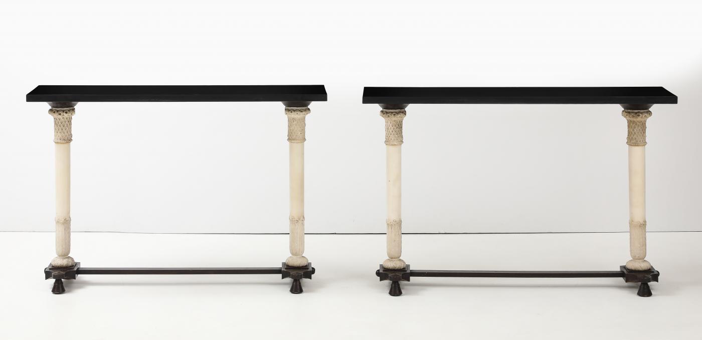 PAIR OF NEOCLASSICAL STYLE MARBLE AND PATINATED BRONZE CONSOLE TABLES