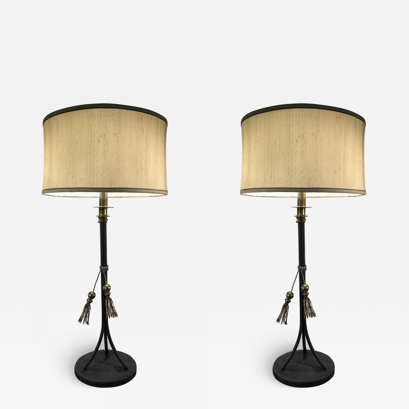 POST MODERN PAIR OF BRASS TASSEL AND BACK ENAMEL LAMPS WITH ORIGINAL SHADES