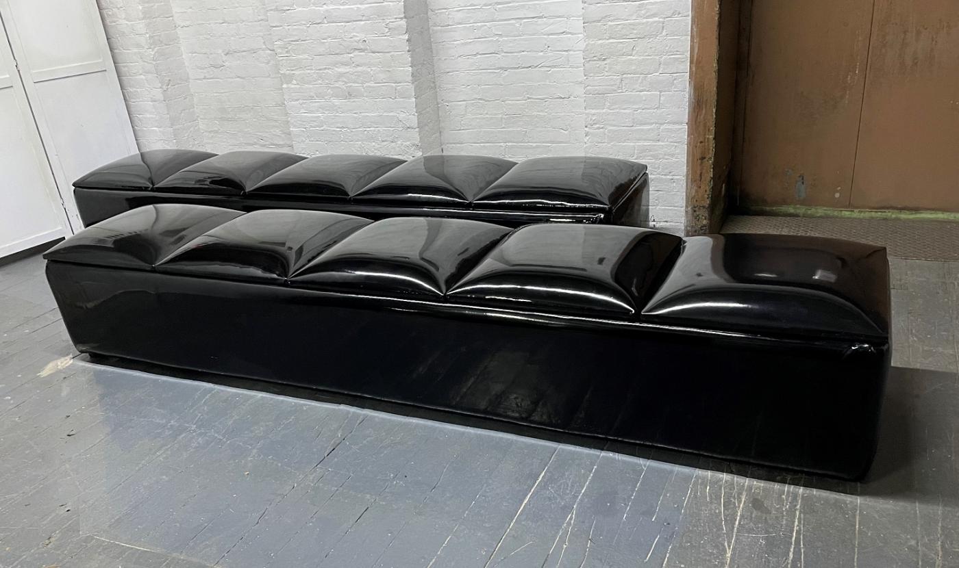 Pair 1960s Long Black Vinyl Benches
