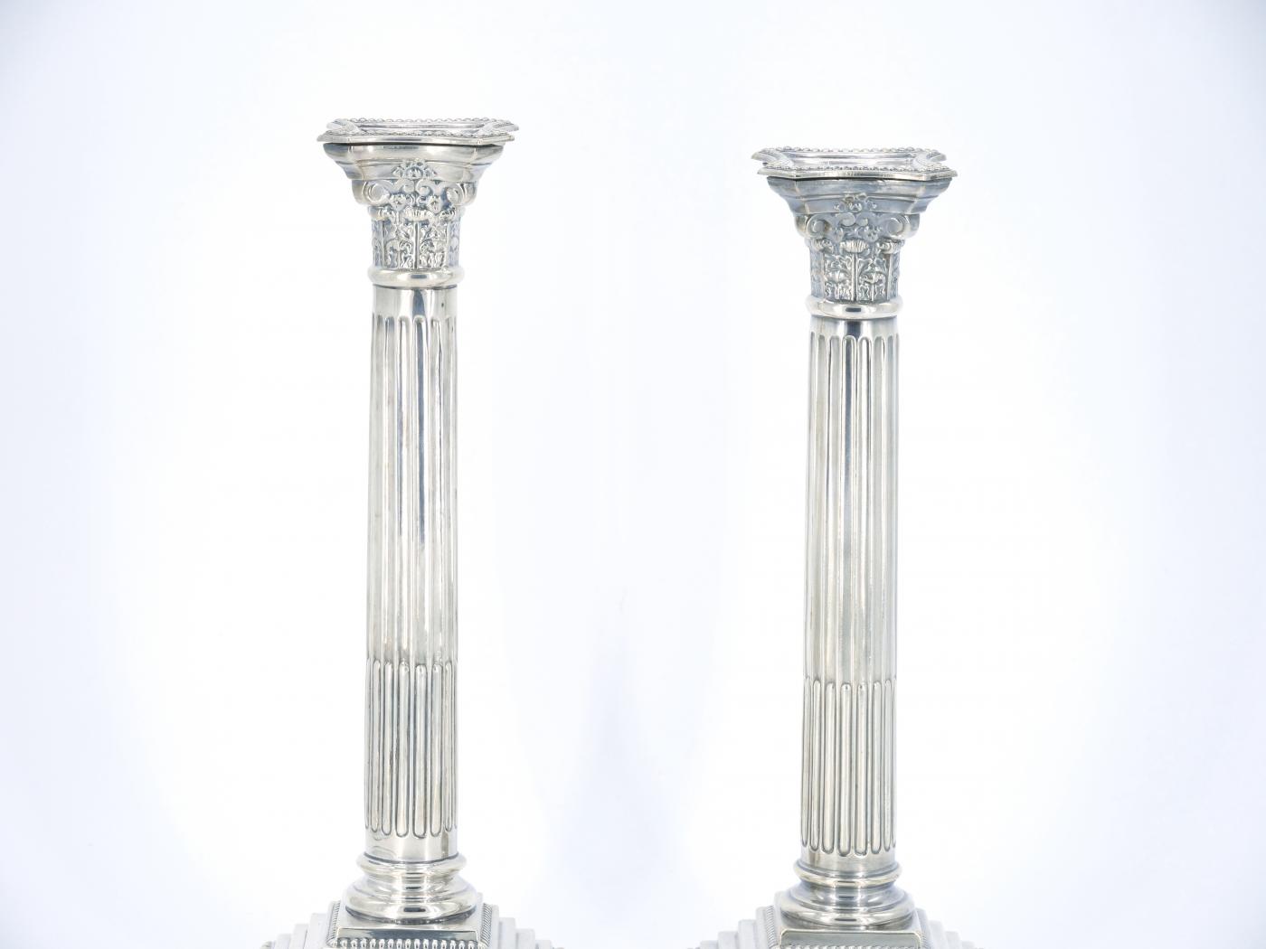 Pair 19th Century English Silverplate Neoclassical Column Form Candlesticks