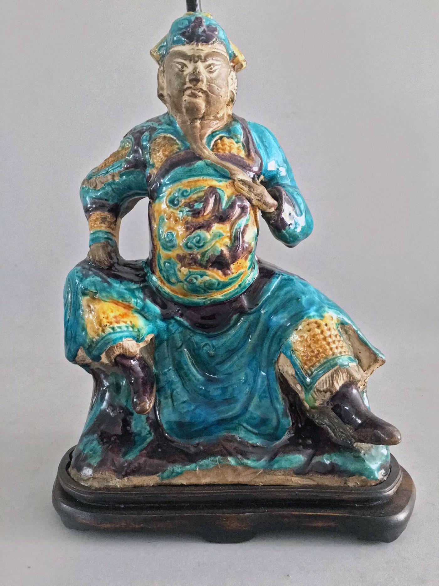 Shiwan Pottery - Pair Chinese Shiwan Ware Pottery Warrior Lamps