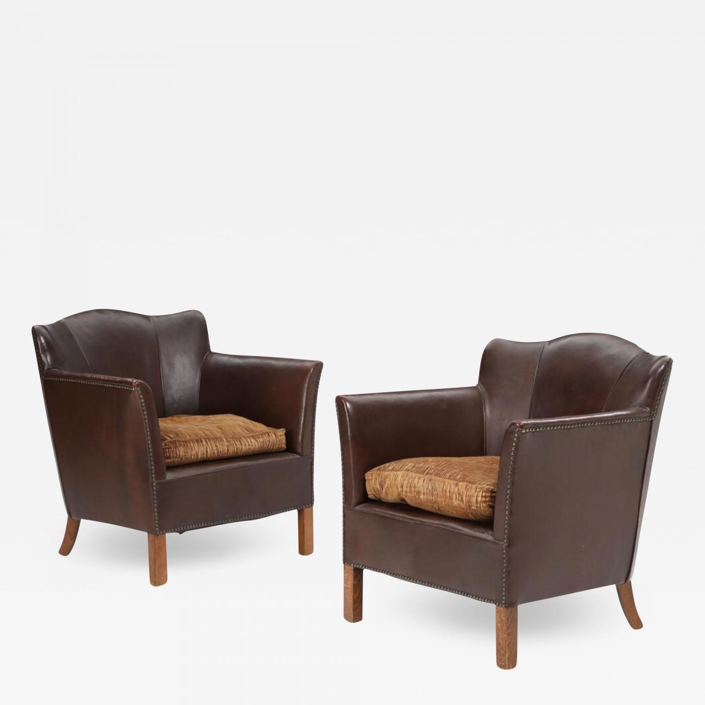 Pair Danish 1940s Channel Back Club Chairs