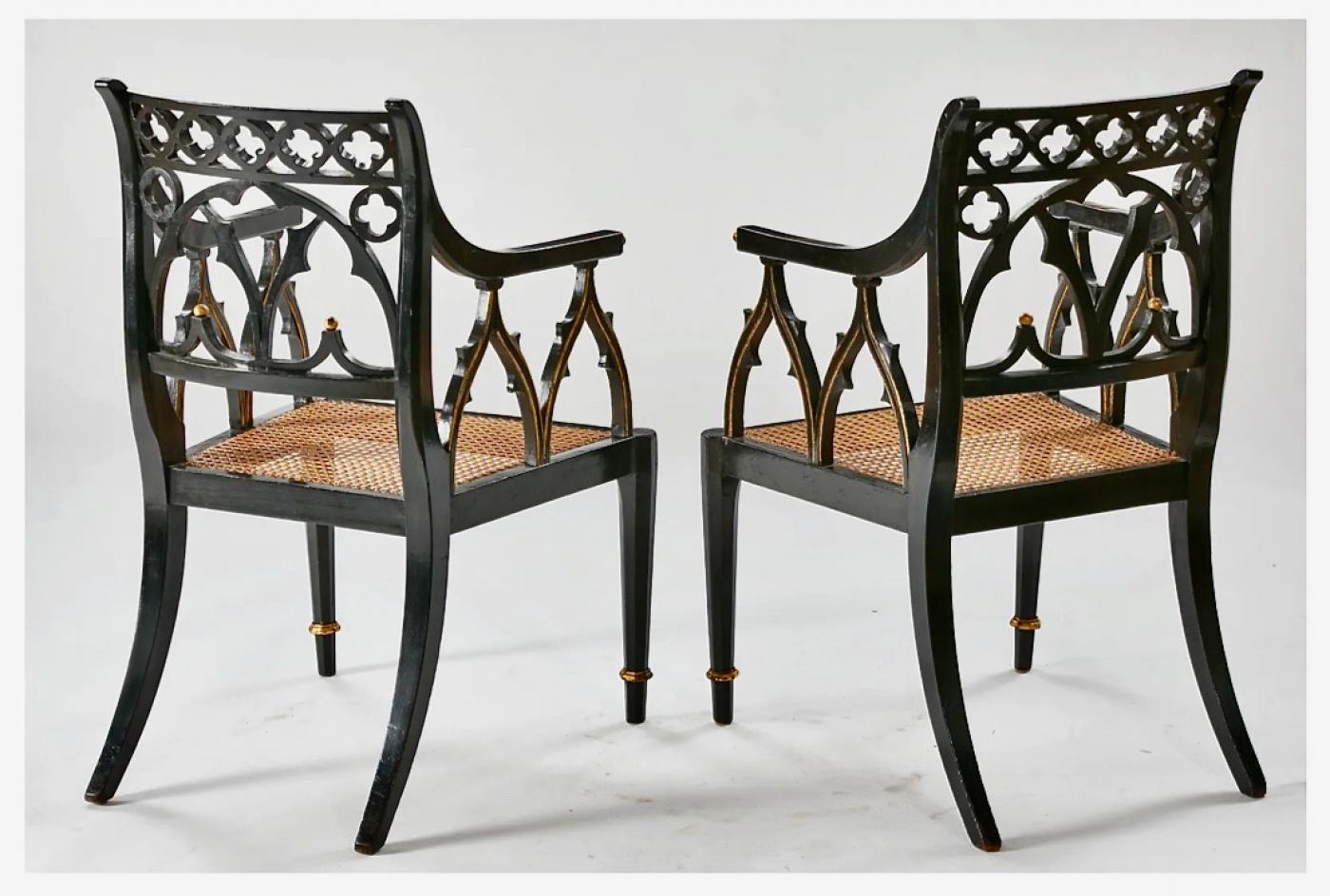 Pair George IV Gothick Open Arm Chairs, c. 1825