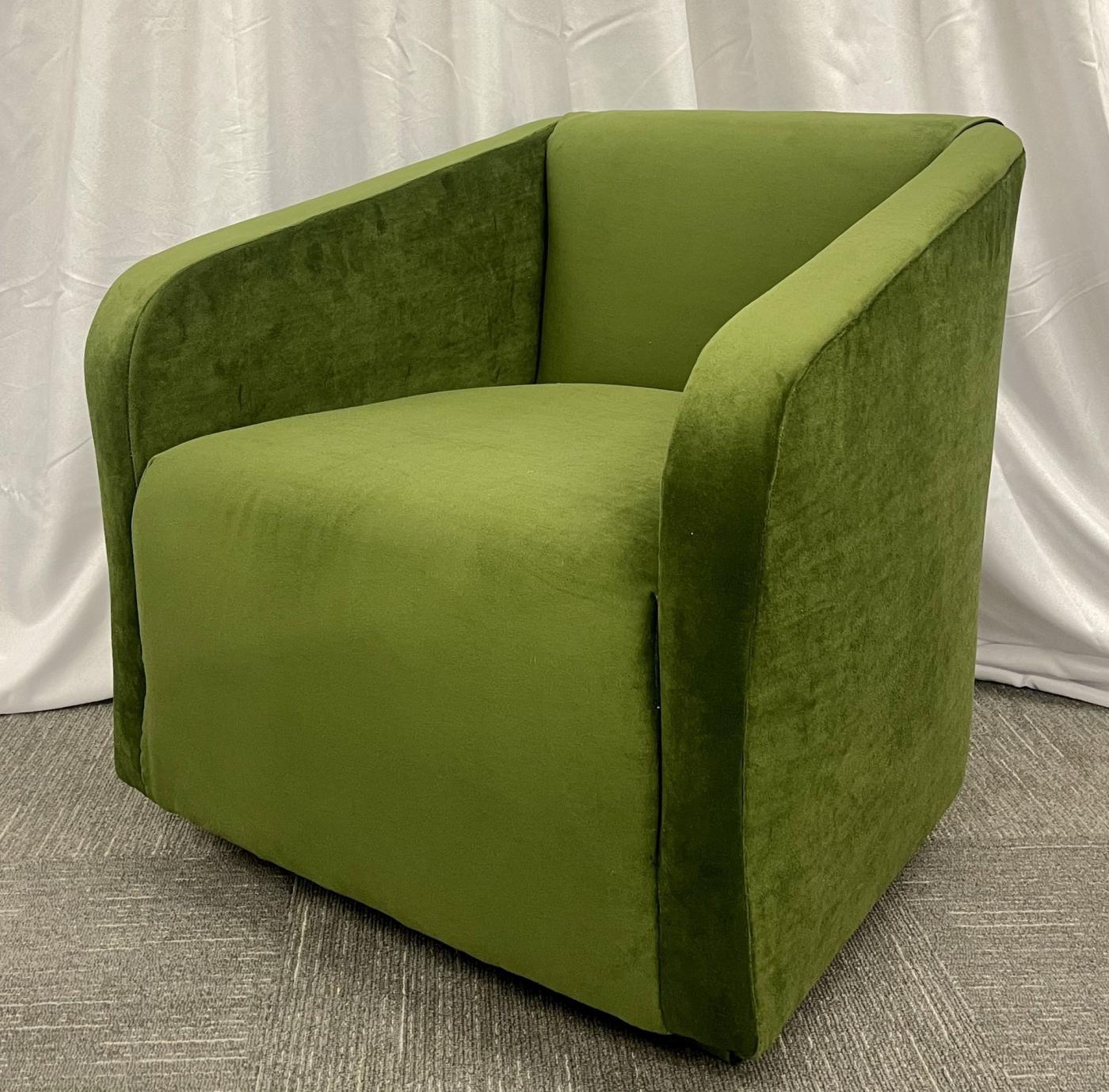 Pair Green Velvet Swivel Chairs