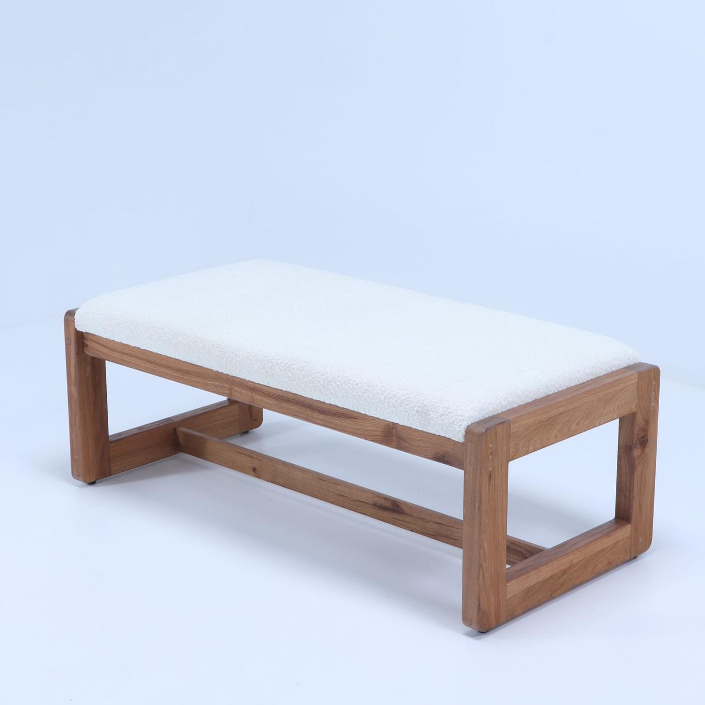 Pair Italian contemporary oak benches done in a boucle white fabric