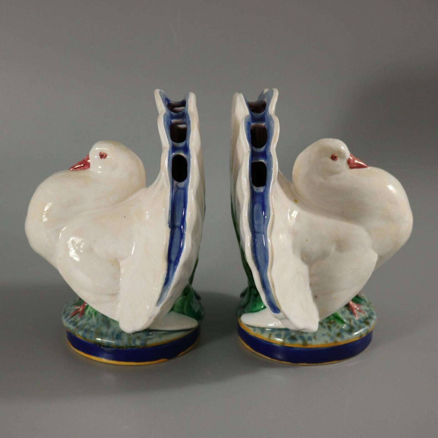 Minton - Pair Of Minton Majolica Dove Flower Holders