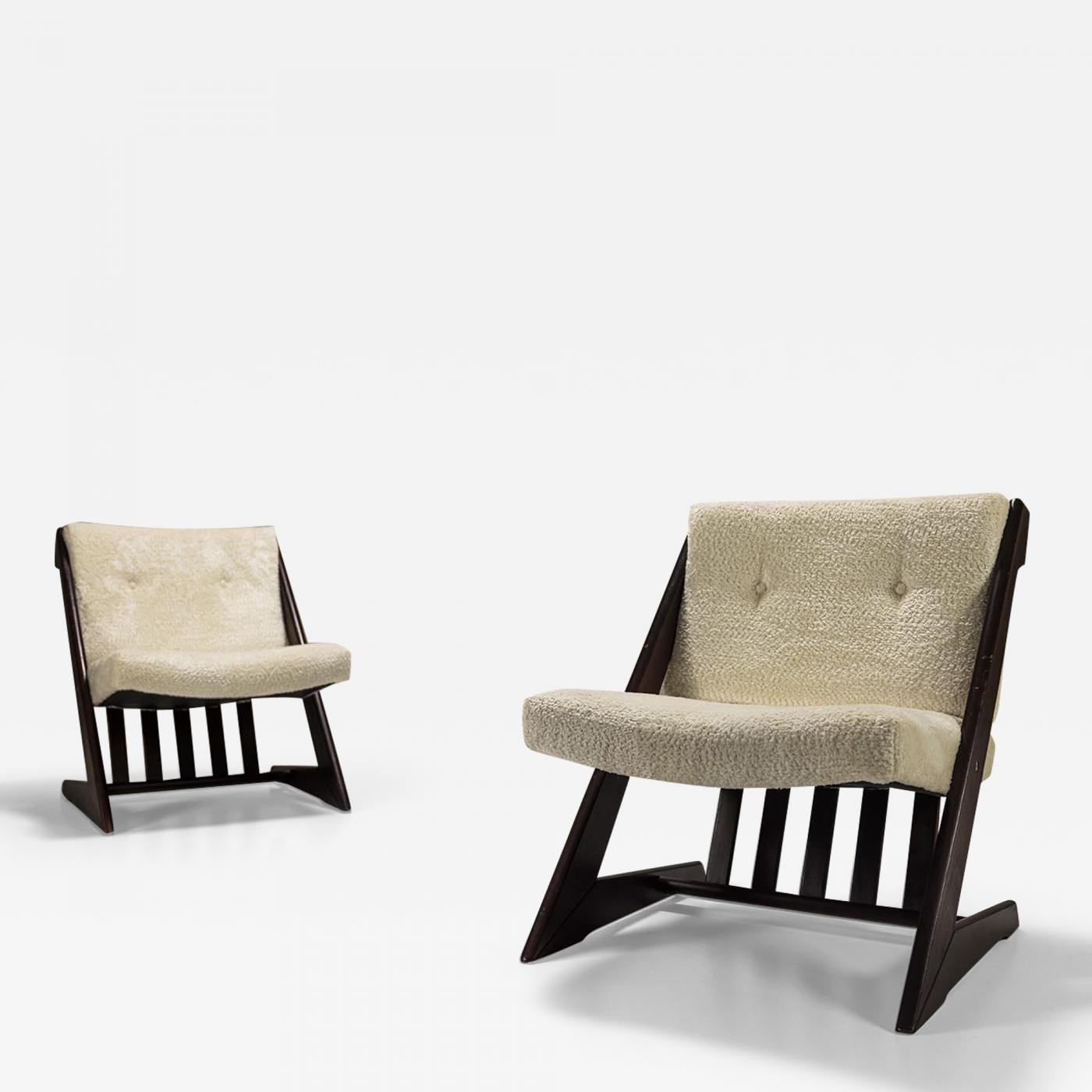 Pair Of Sharp Shaped Lounge Chairs In Birch And Fabric, Netherlands 1970's