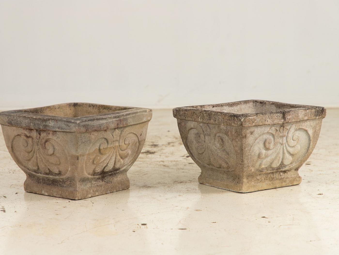 Pair Square Concrete Stone Planters with Shell Pattern, France mid 20th C.