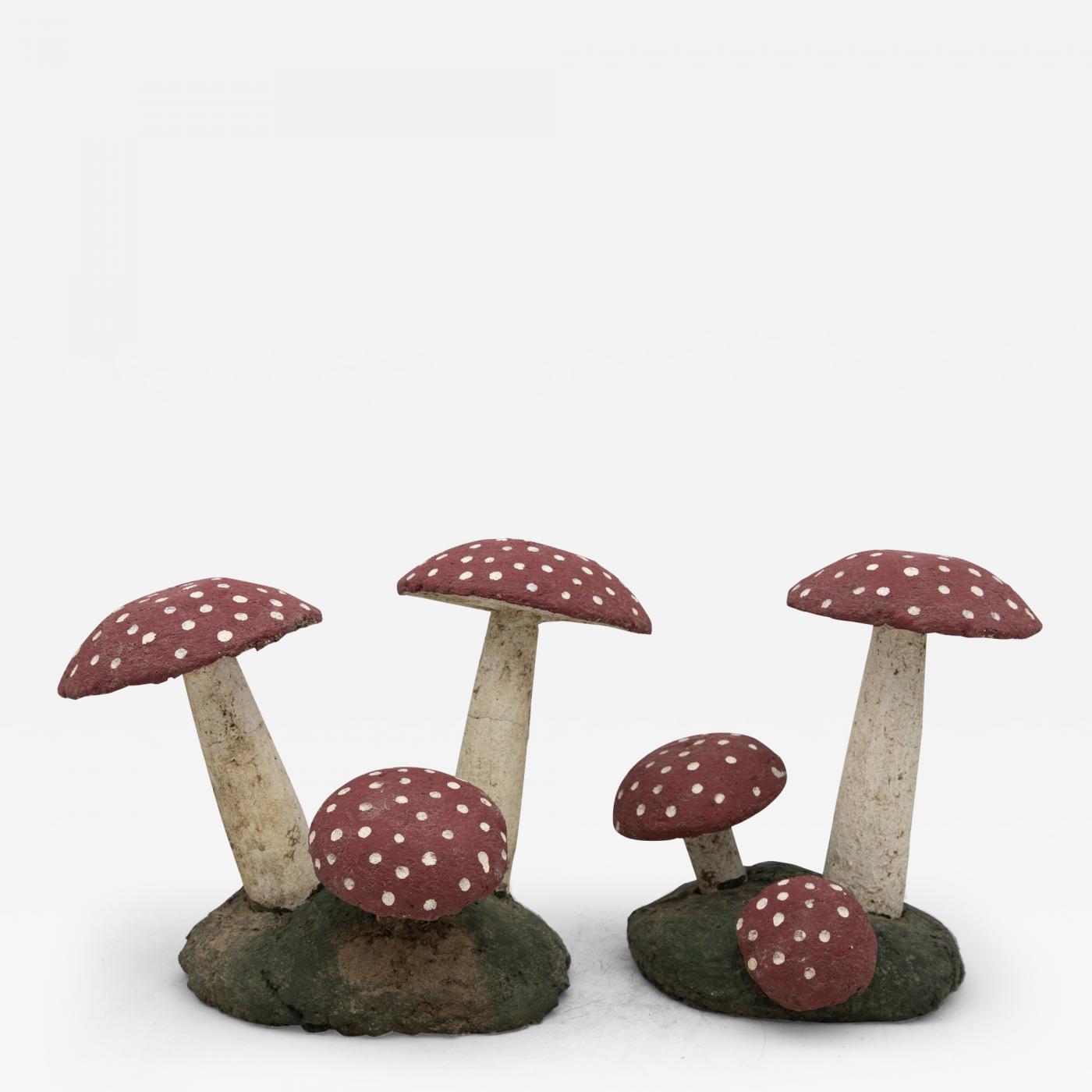 Pair Vintage Painted Stone Toadstools Mushrooms with Red Caps
