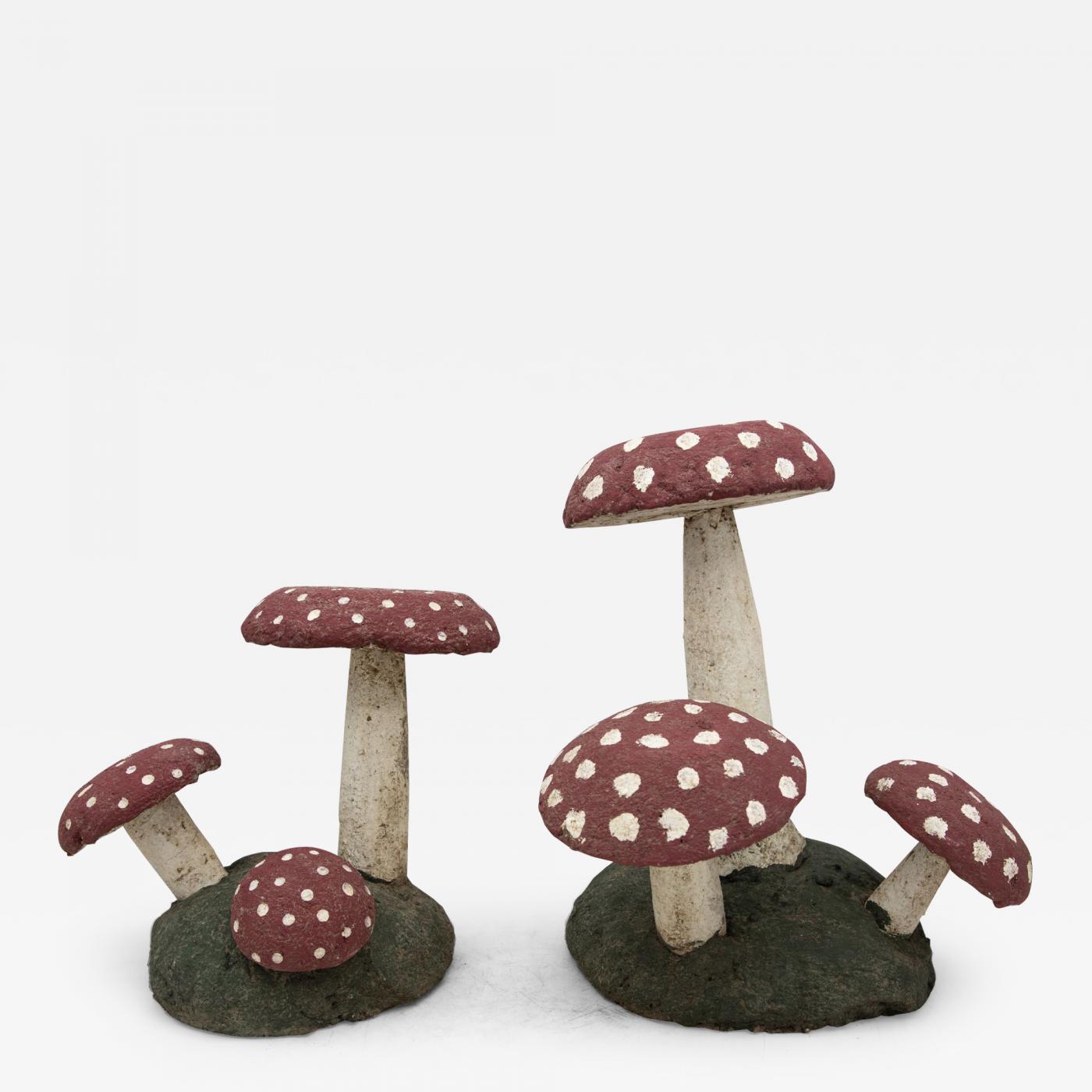 Pair Vintage Painted Stone Toadstools Mushrooms with Red Caps