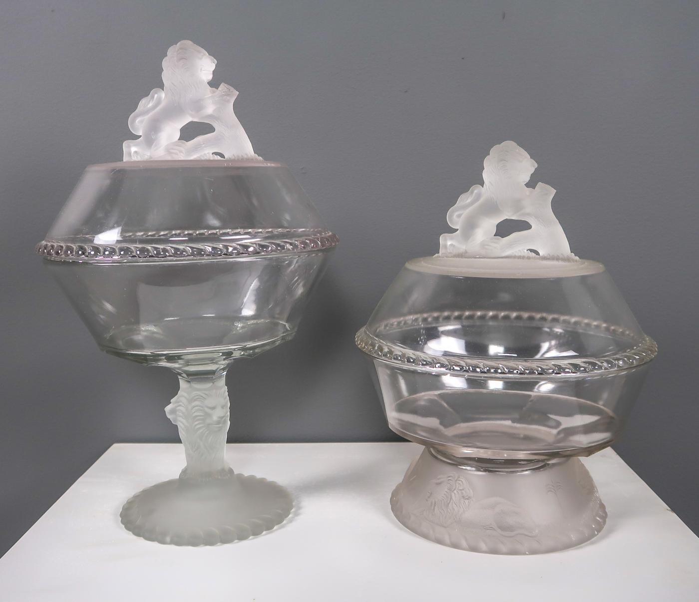 Pair c1880 Gillinder & Sons Frosted Lion Glass Compotes, Philadelphia