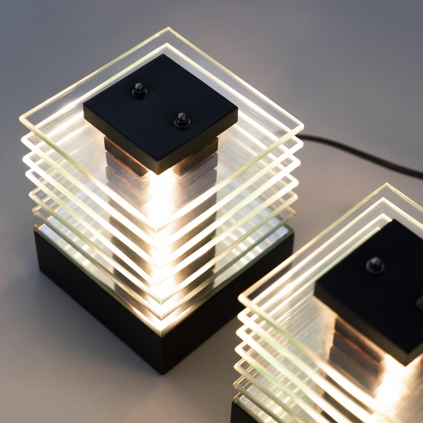 Pair of 1980s glass layered cube light