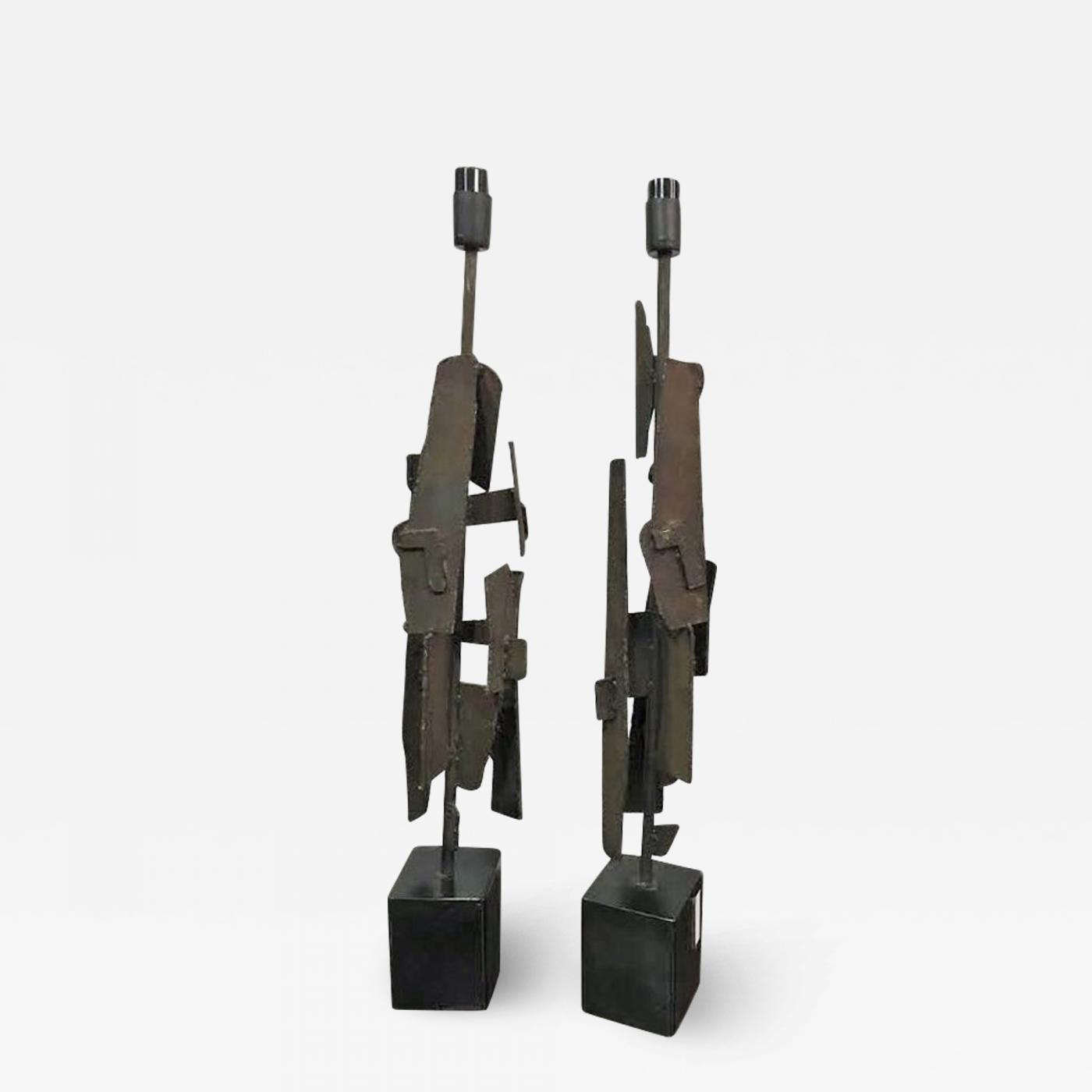 Pair of Abstract Solid Welded Brutalist Metal Table Lamps, Mid-Century ...