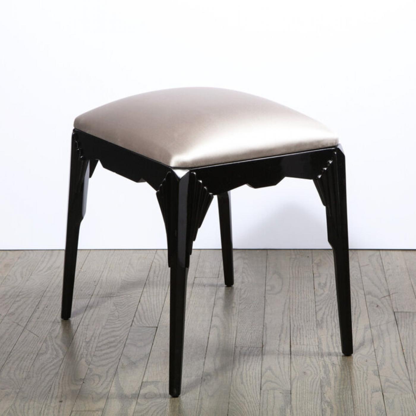 Pair of Art Deco Skyscraper Style Black Lacquer Stool in White Gold Silk