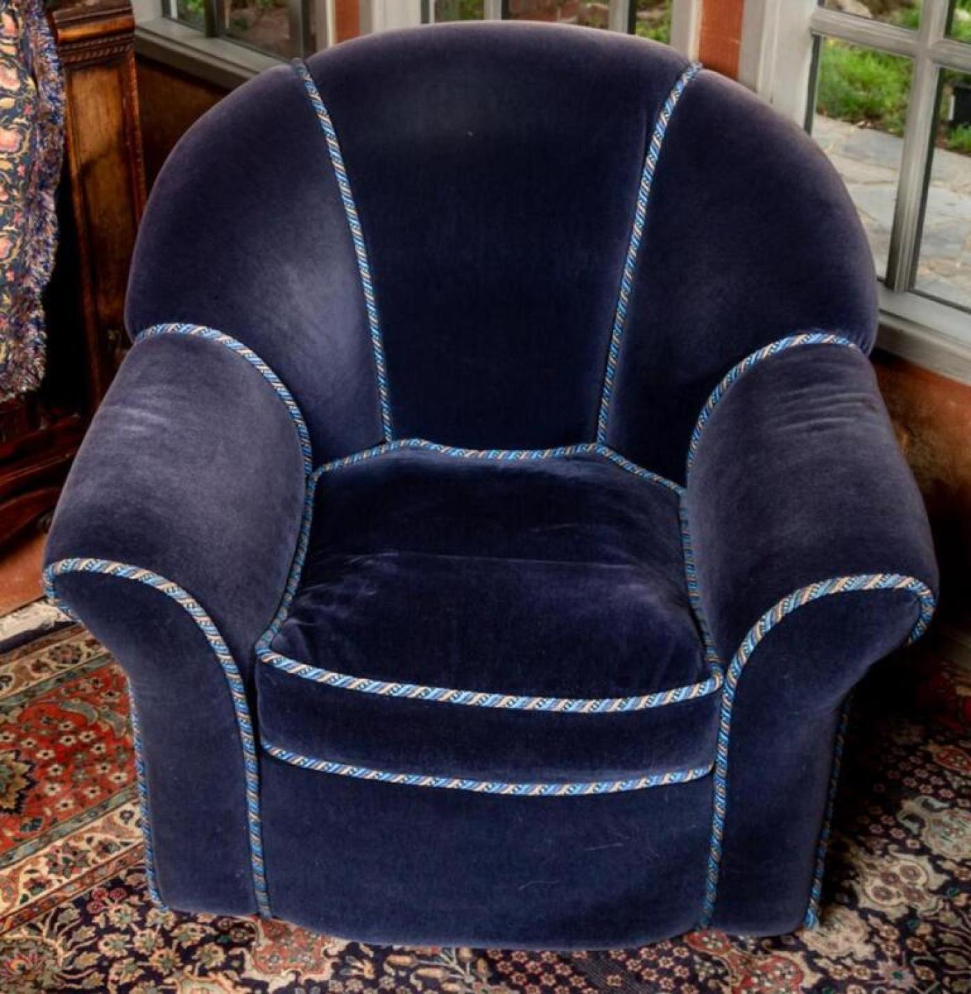 Pair of Art Deco Style Fully Upholstered Sapphire Blue Velvet Club Chairs