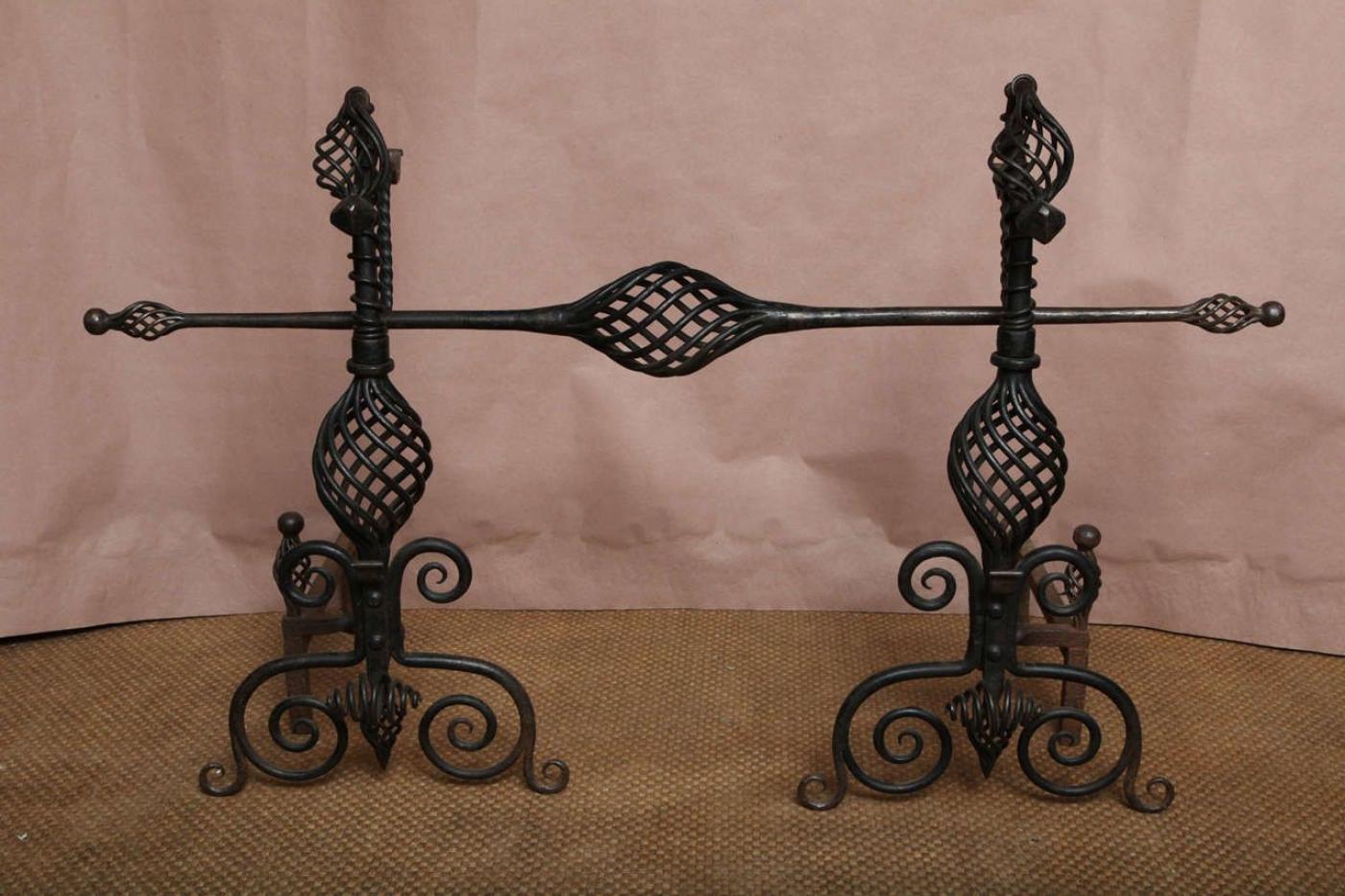 Pair of Arts and Crafts Wrought Iron Andirons