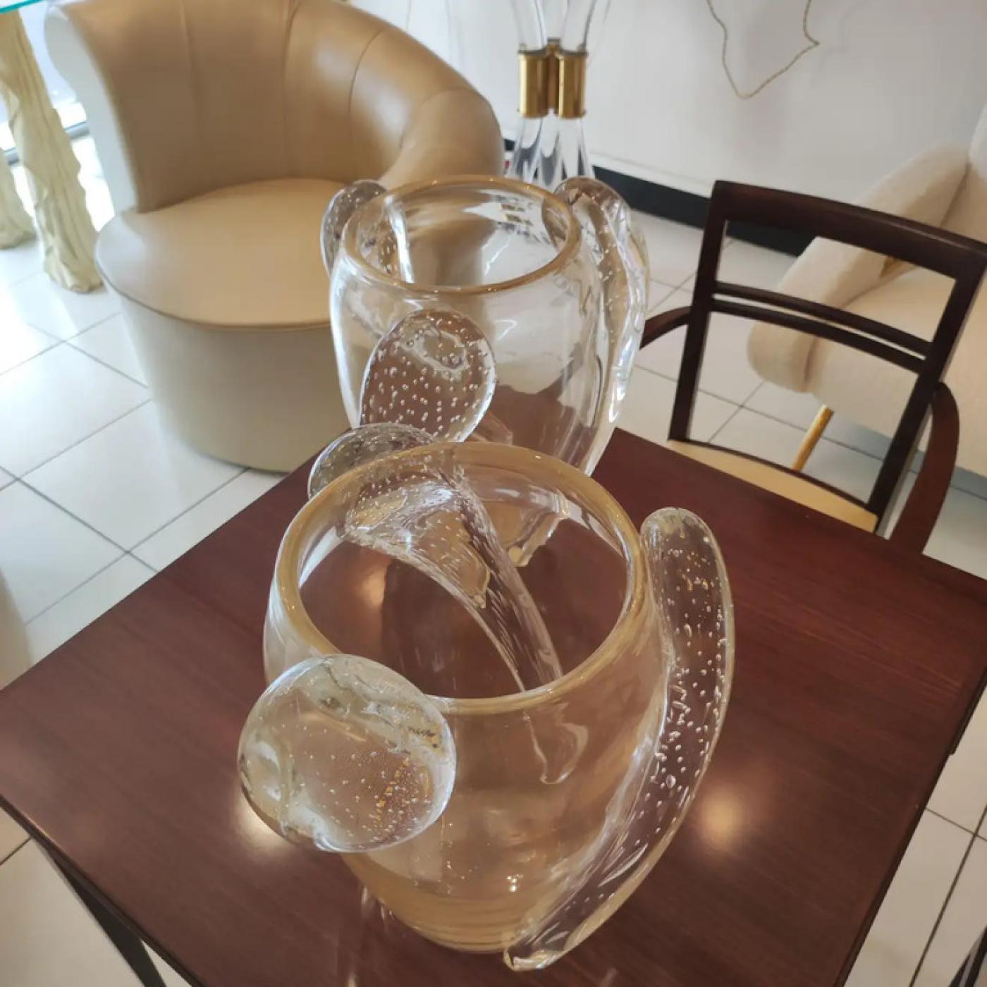 Pair of Blown translucid Murano Glass Vase with gold glitters