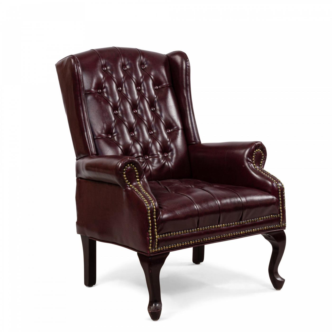 Pair of Burgundy Tufted Leather Wing Back Chairs