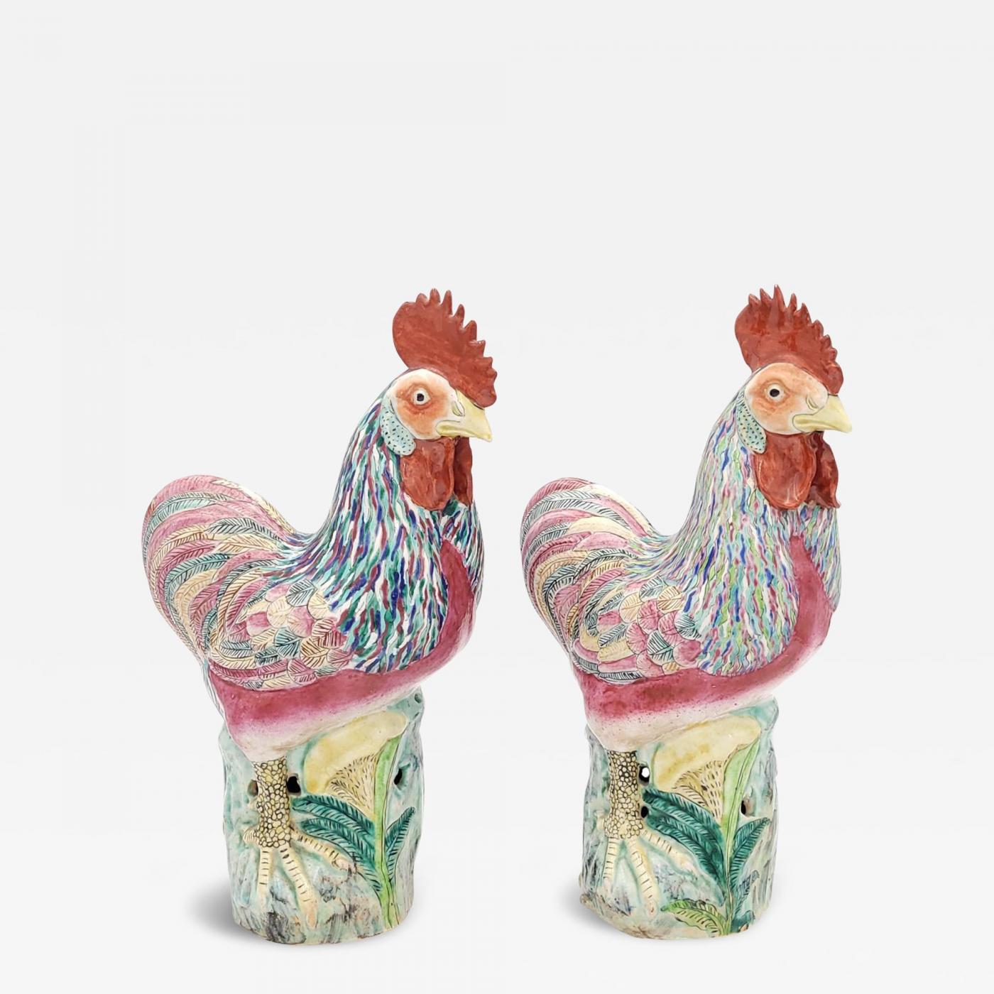 Pair of Chinese Export Famille Rose Roosters, circa 1900