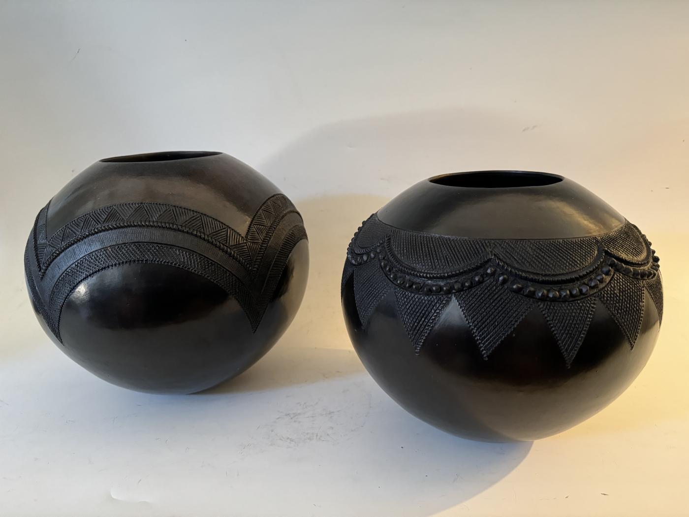 Pair of Contemporary Zulu Pottery Jars by South African Artist Jabu Nala