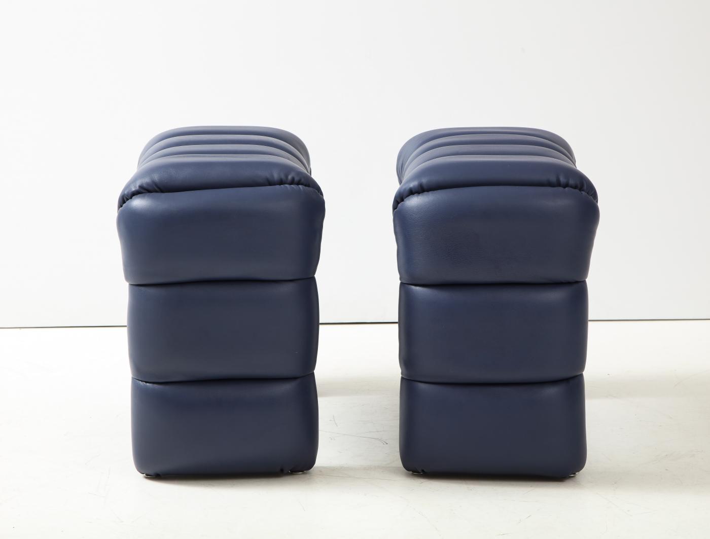 SINGLE Custom Channel Tufted Blue Leather Stool