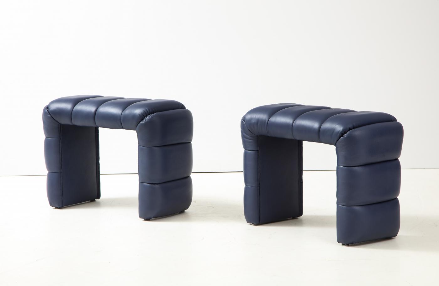 SINGLE Custom Channel Tufted Blue Leather Stool